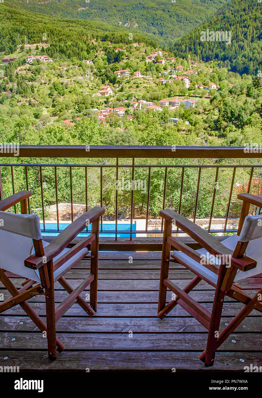 Balcony with view to green nature. Zarouhla village in Ahaia, Greece ...