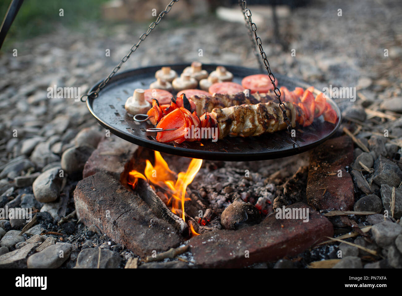 Kebabs cooking on an open fire outside Stock Photo - Alamy