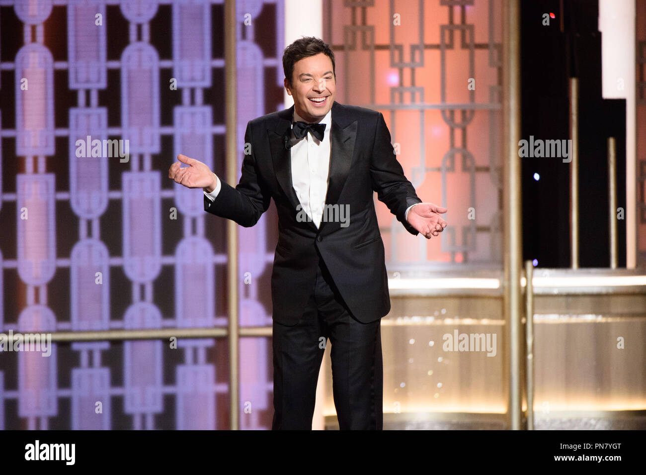 Host Jimmy Fallon on stage at the 74th Annual Golden Globe Awards at ...