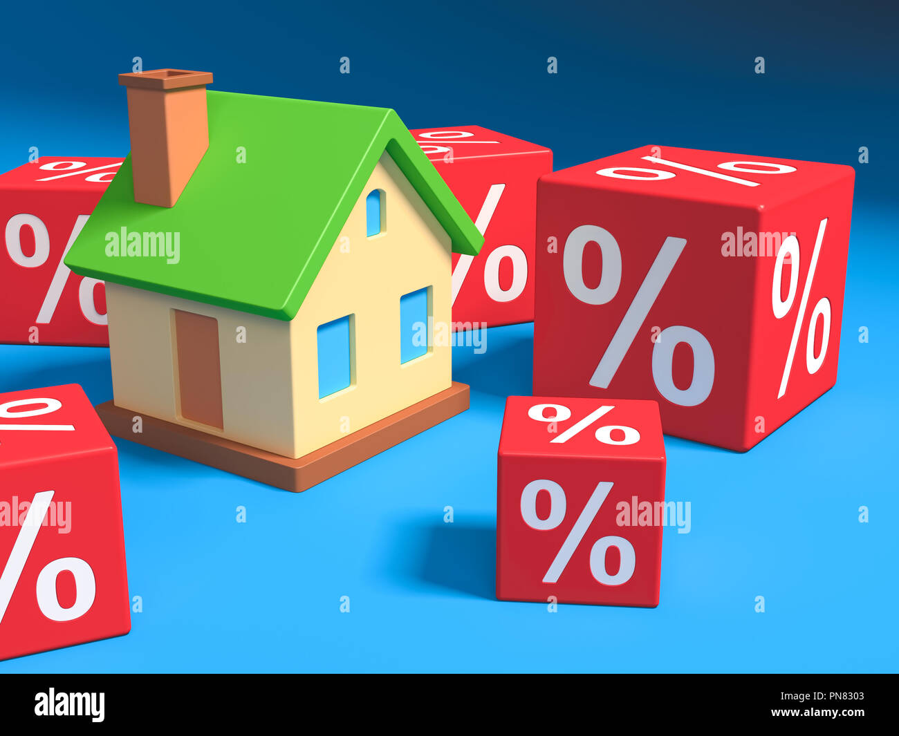 Abstract Miniature House And Red Percentage Blocks. 3d Illustration ...