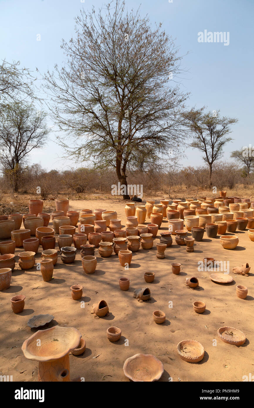 Pottery on display at a roadside stall in Zimbabwe. The pieces are sold ...