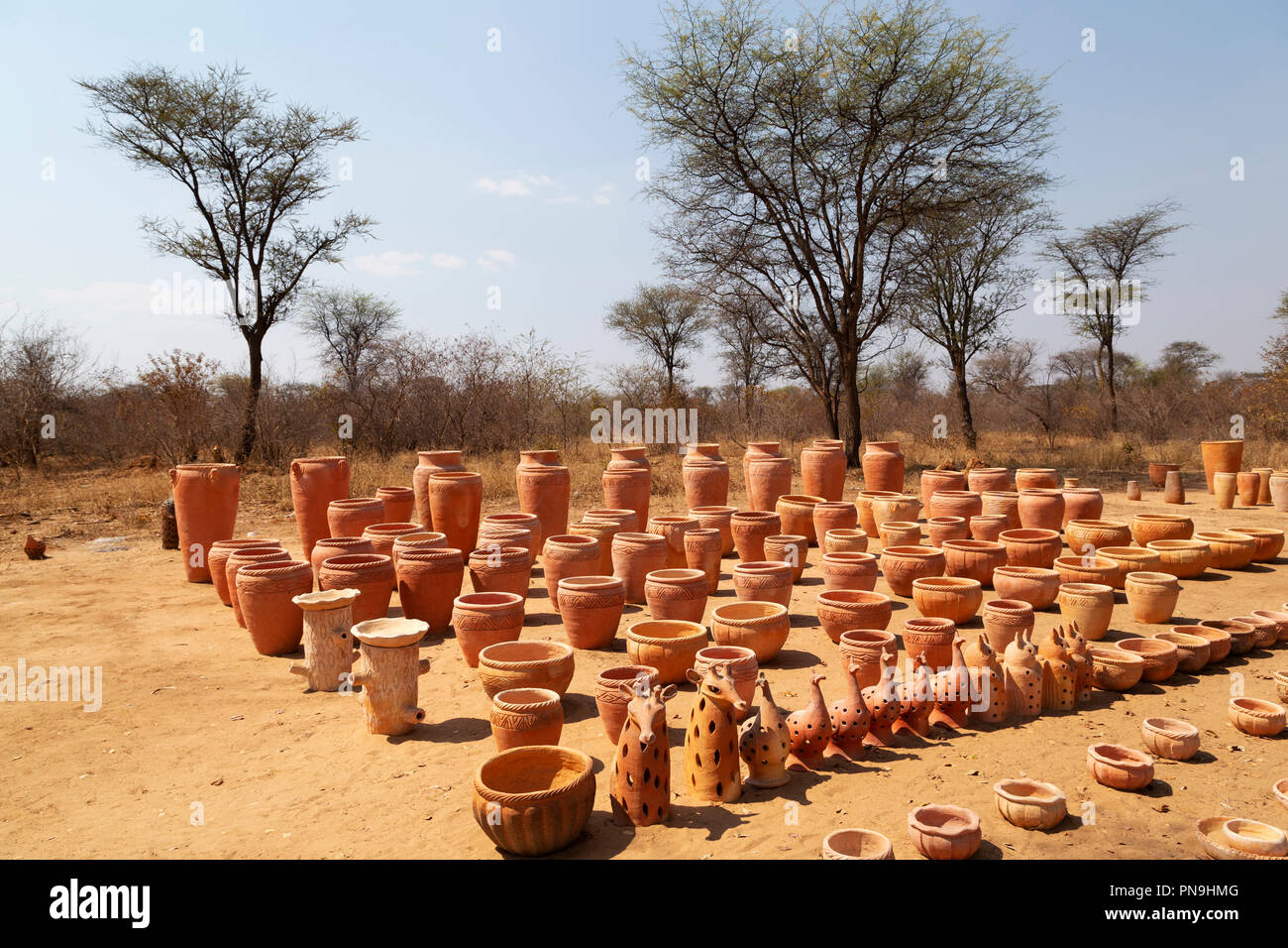 Pottery on display at a roadside stall in Zimbabwe. The pieces are sold ...