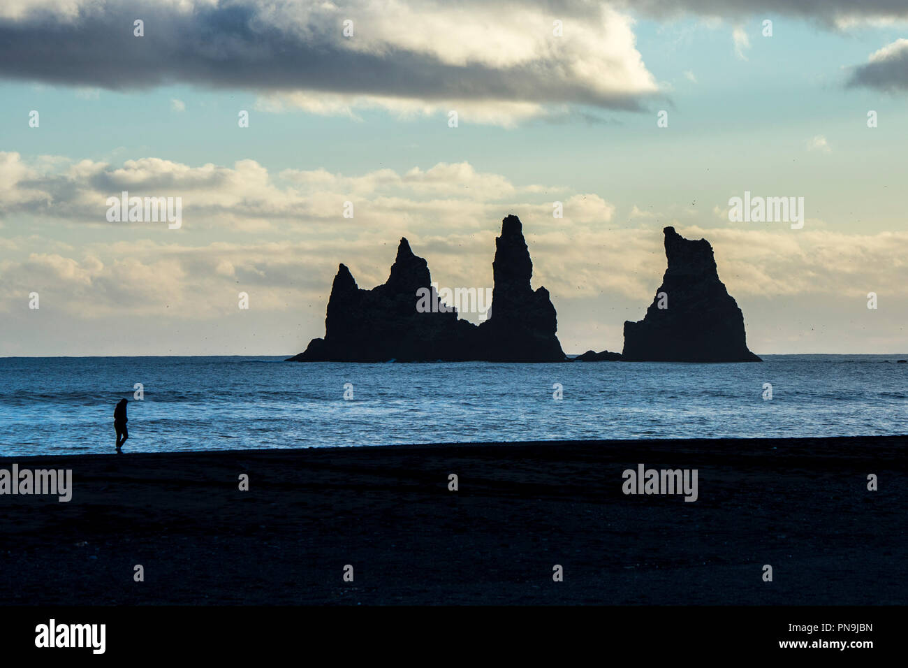 Tourist by Reynisdrangar basalt sea stacks (troll rocks) and black ...