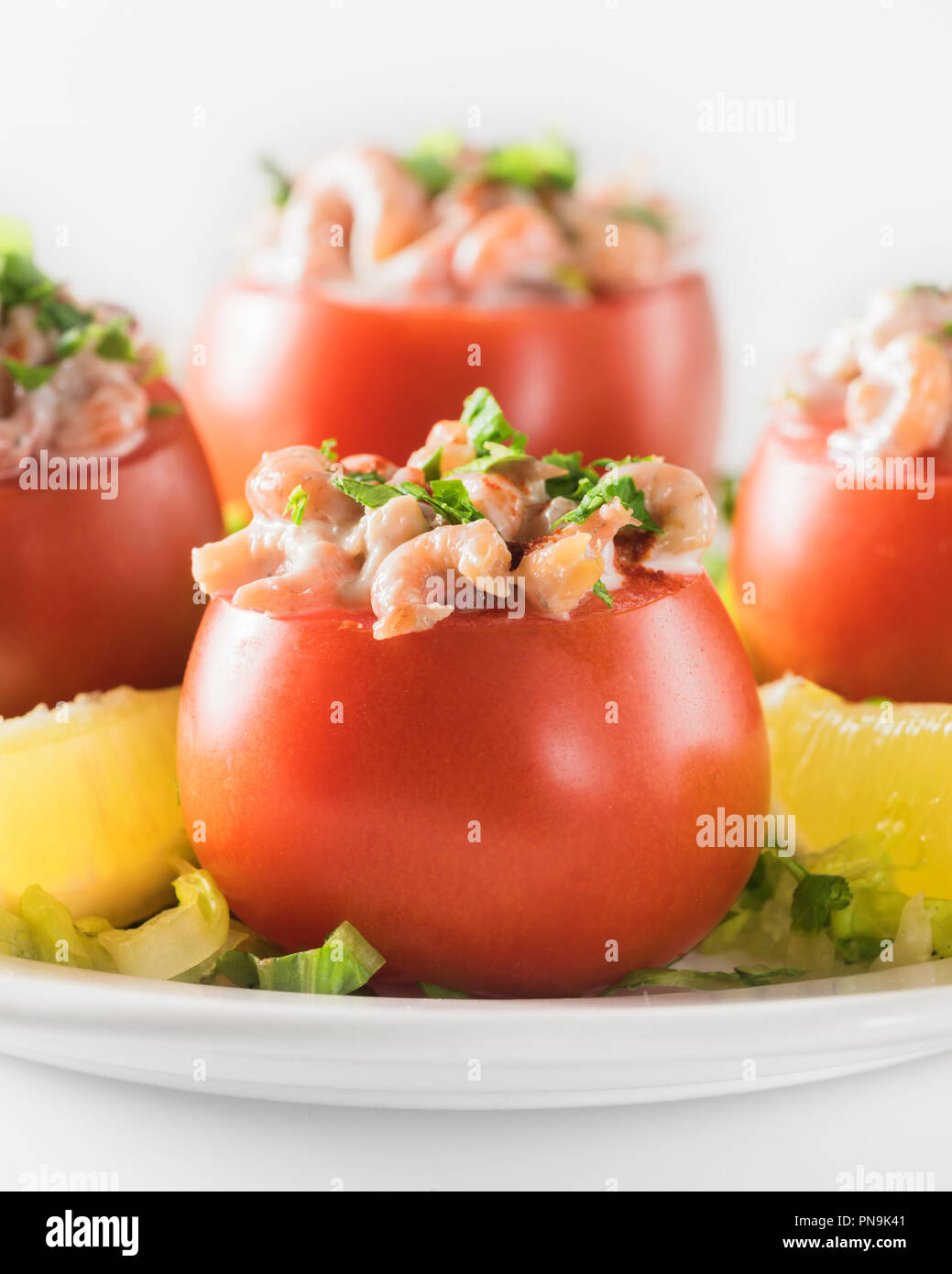 Tomates aux crevettes. Tomatoes filled with prawns. Belgium Food Stock ...