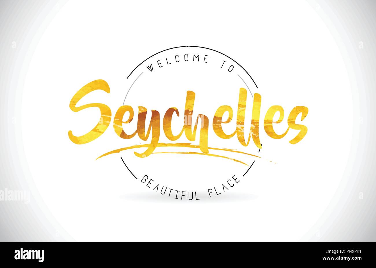 Seychelles Welcome To Word Text with Handwritten Font and Golden ...