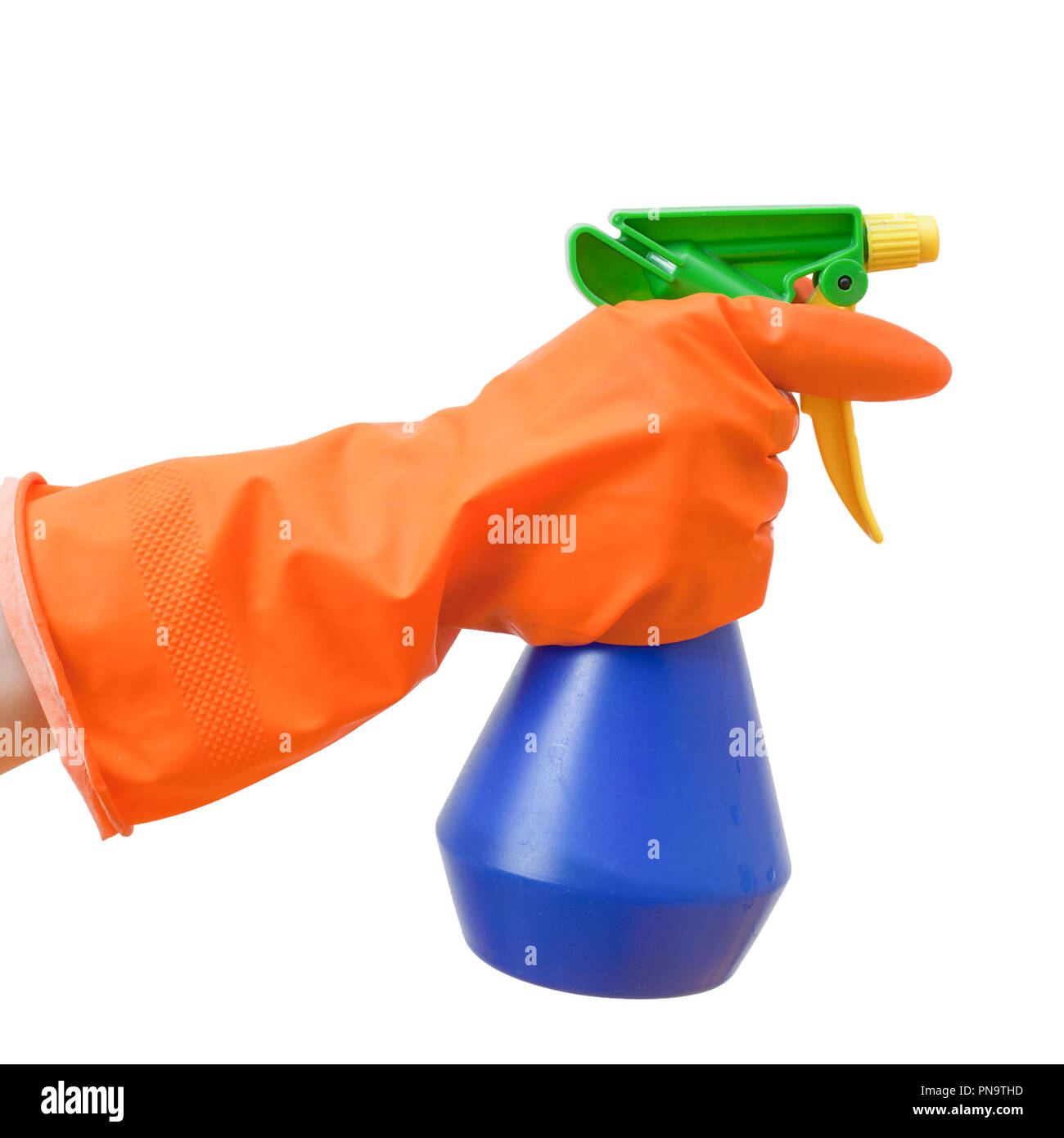 Hand in orange protective glove holding blue spray bottle on white ...