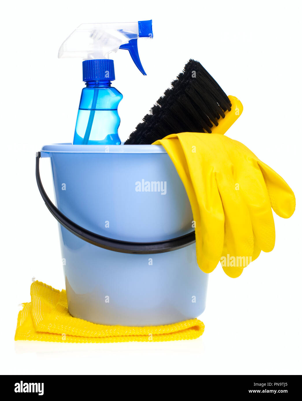 Plastic bucket with cleaning supplies on white background Stock Photo ...