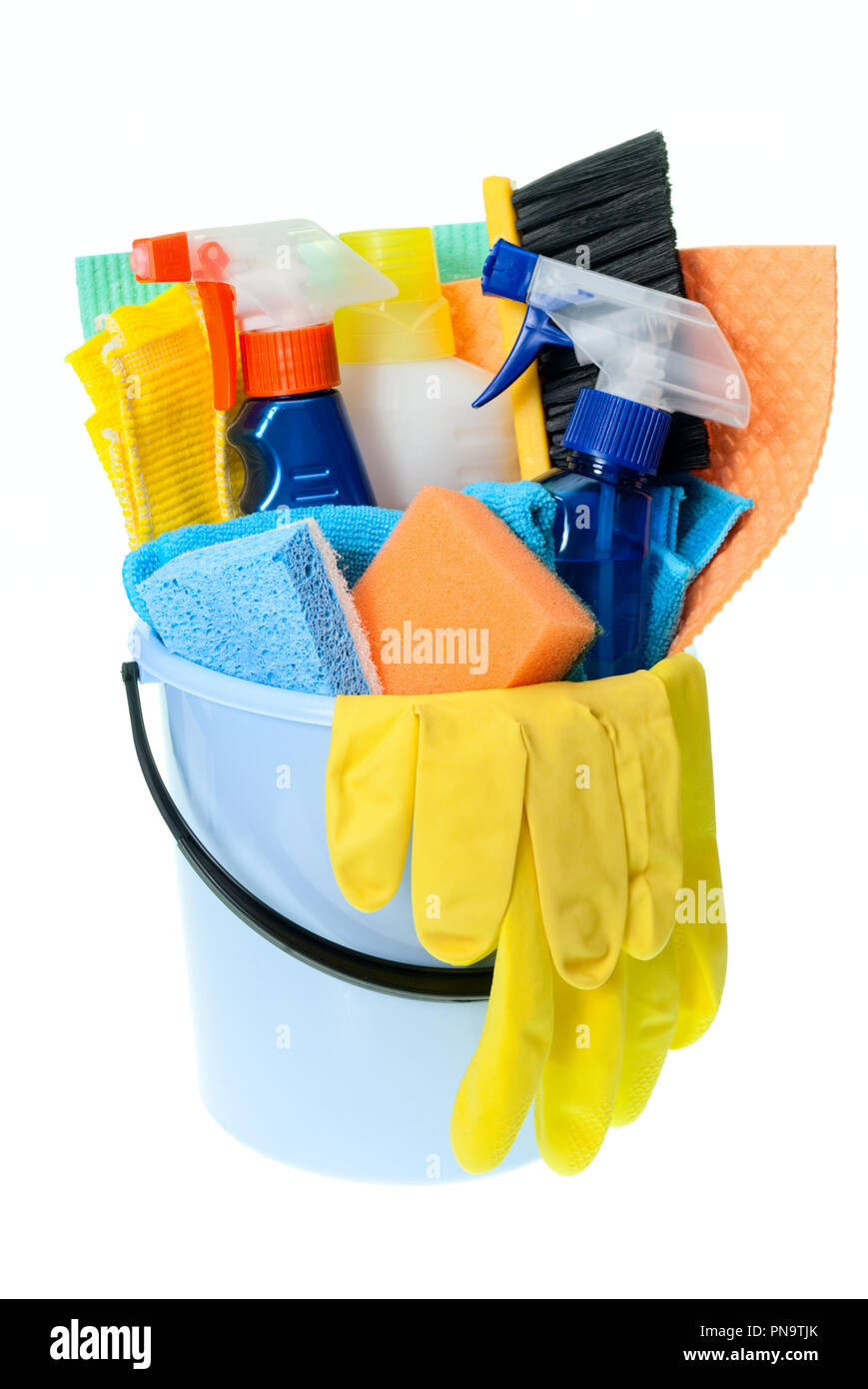 Plastic bucket with cleaning supplies on white background Stock Photo ...