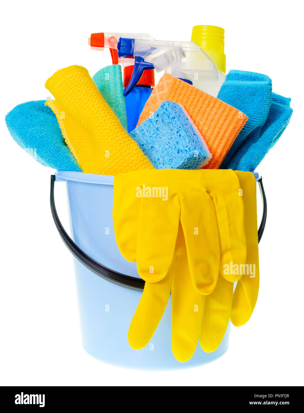 Plastic bucket with cleaning supplies on white background Stock Photo ...