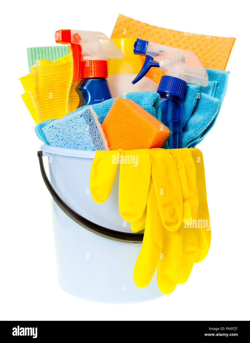 Plastic bucket with cleaning supplies on white background Stock Photo ...