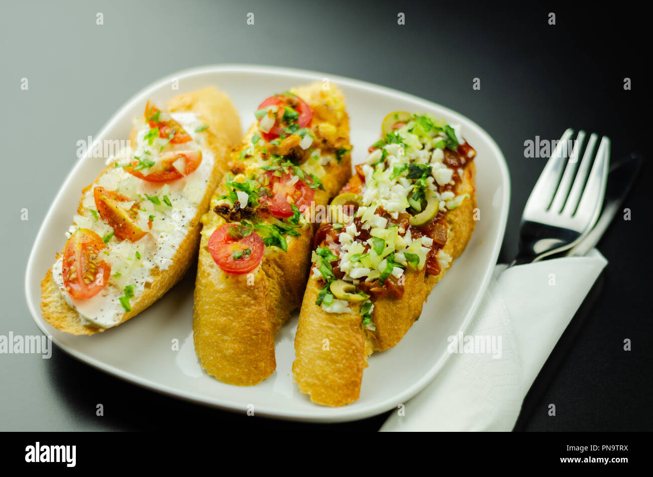 traditional spanish tapas for lunch table, mini sandwiches food set ...