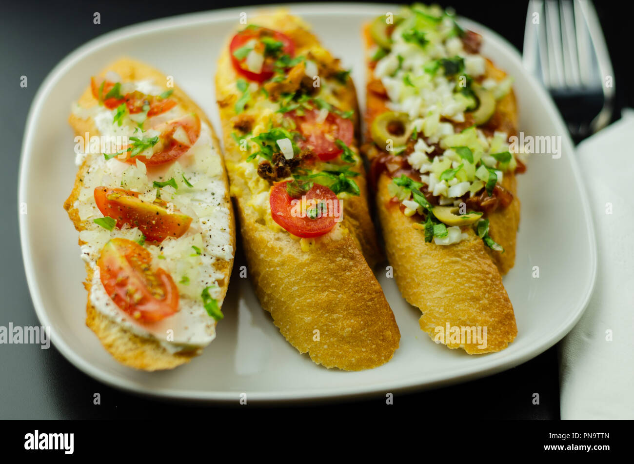 traditional spanish tapas for lunch table, mini sandwiches food set ...