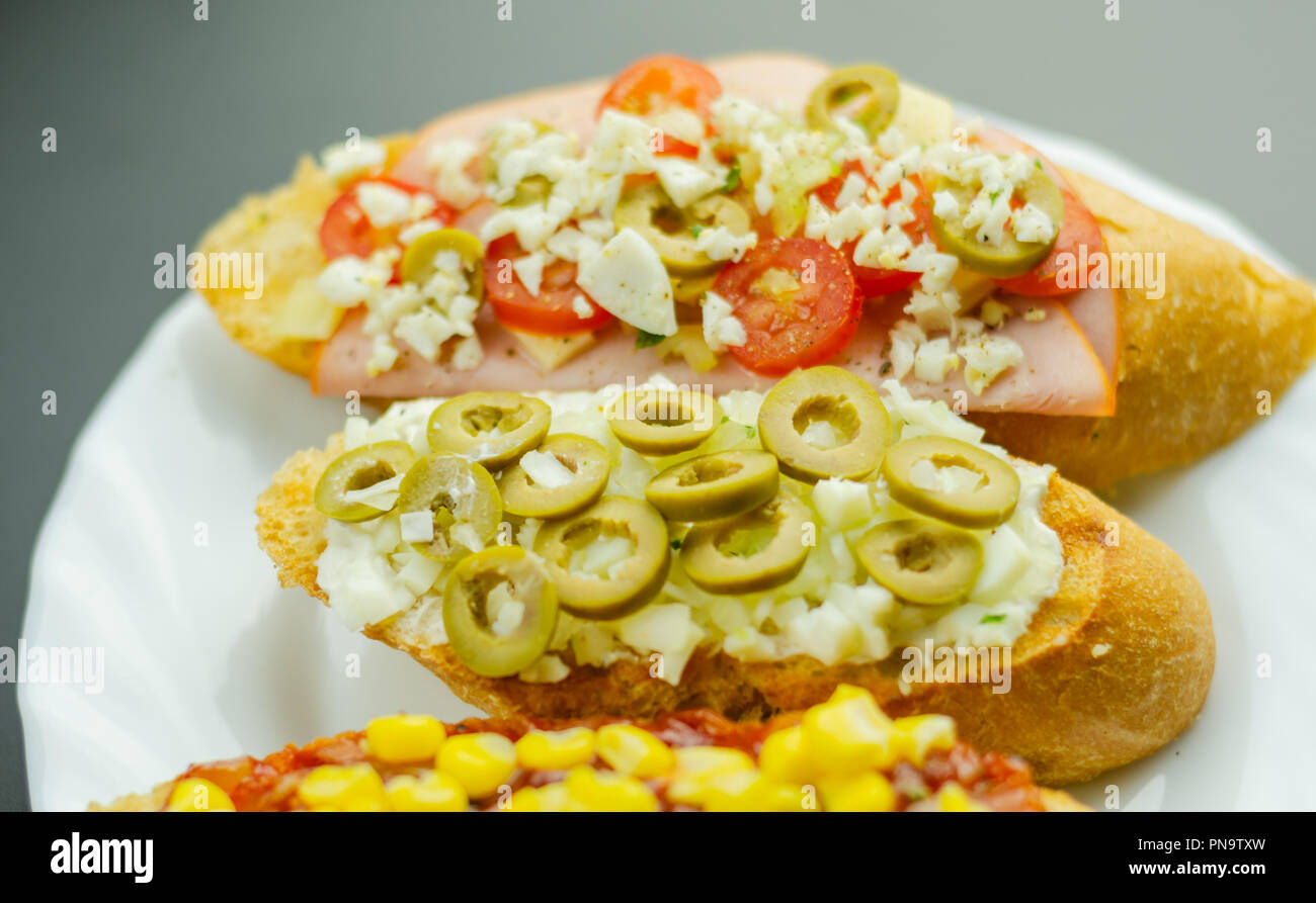 traditional spanish tapas for lunch table, mini sandwiches food set ...