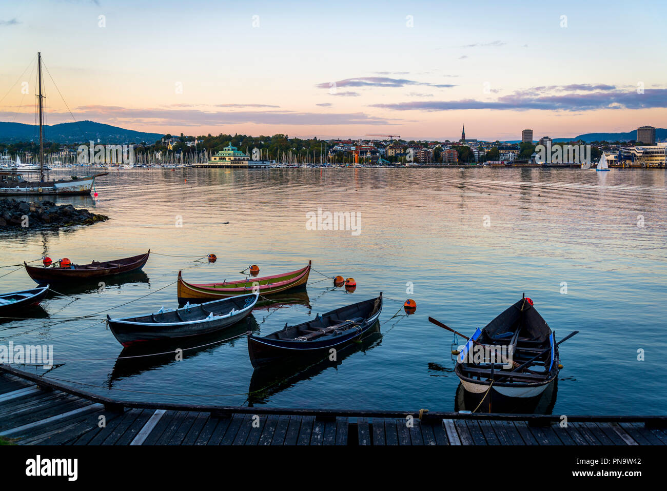 Traditional boats moored in Oslofjord at Bygdoy peninsula, Oslo, Norway ...