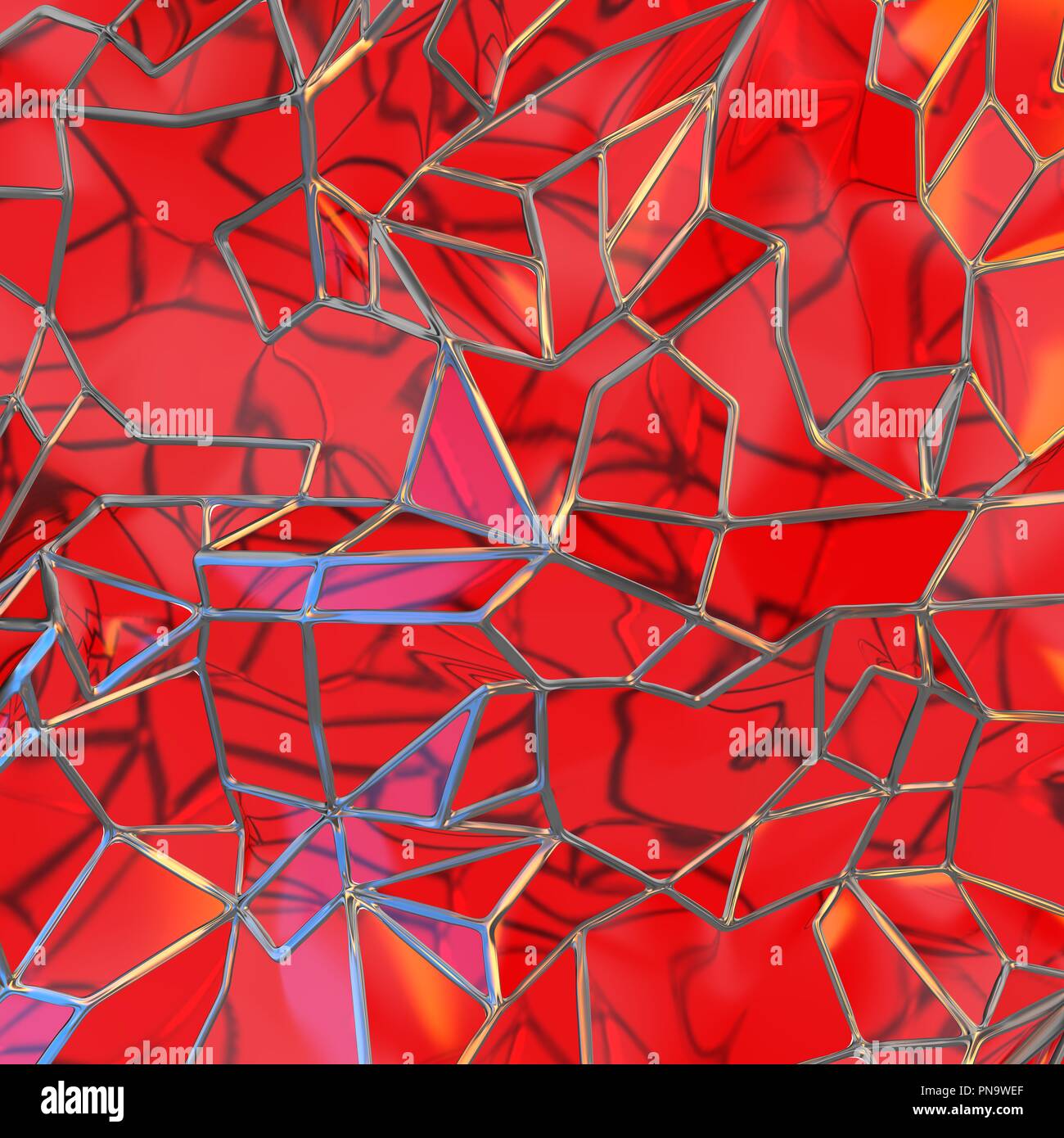 Abstract 3d rendering of chaotic red glass windows landscape structure ...
