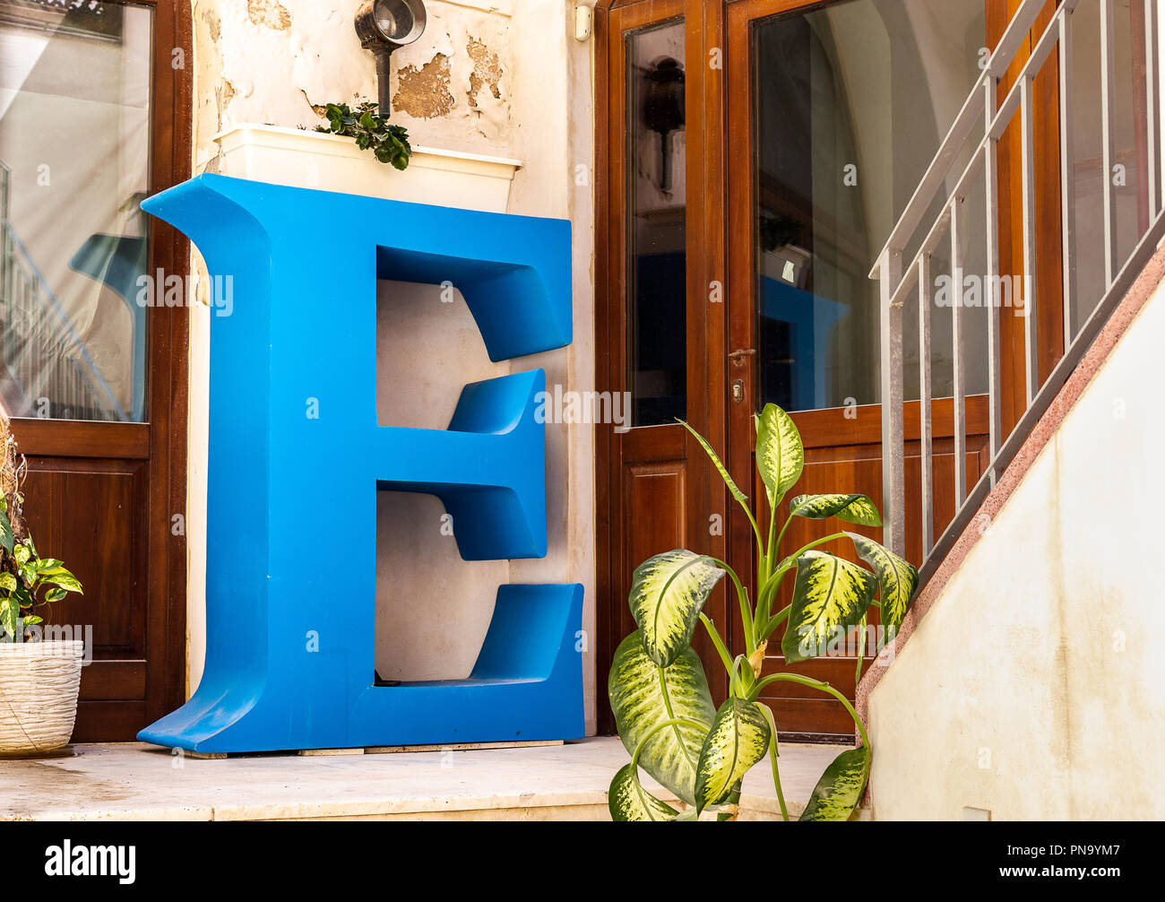 House entrance with big blue 'E' character and brown wooden and glass ...