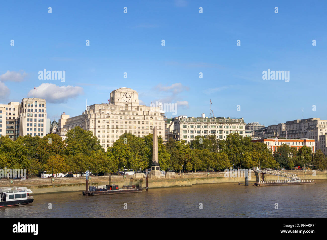 Iconic art deco Shell Mex House and historic Cleopatra's Needle obelisk ...