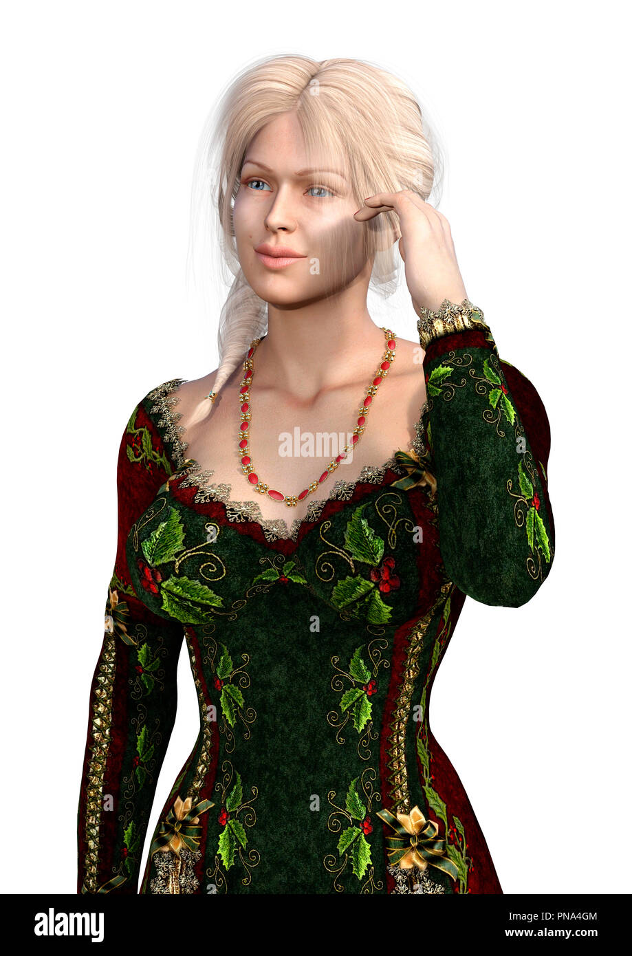 3D rendering of a beautiful fairy tale princess in a red dress isolated ...