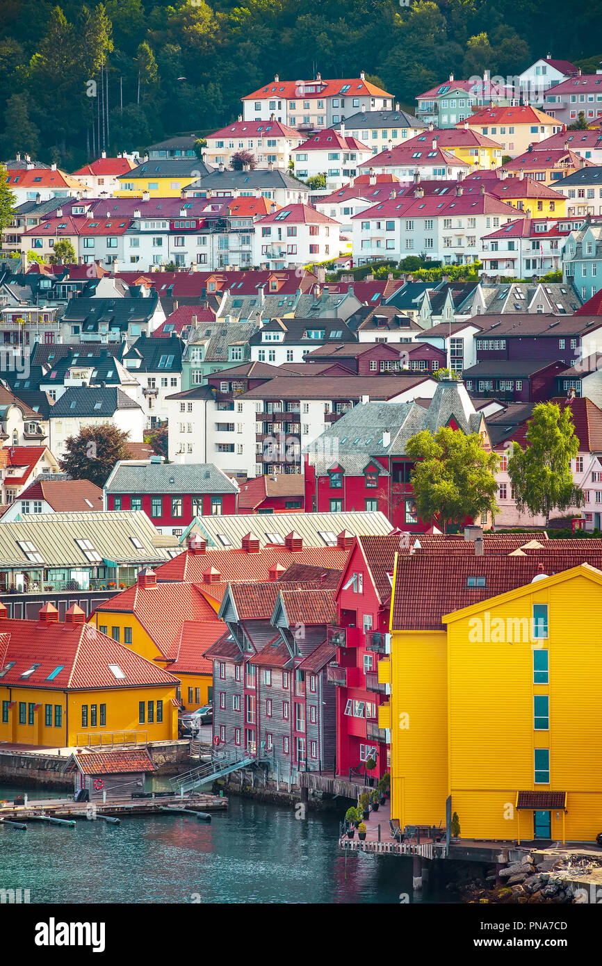 Bergen, Norway cityscape with colorful traditional houses and fjord ...