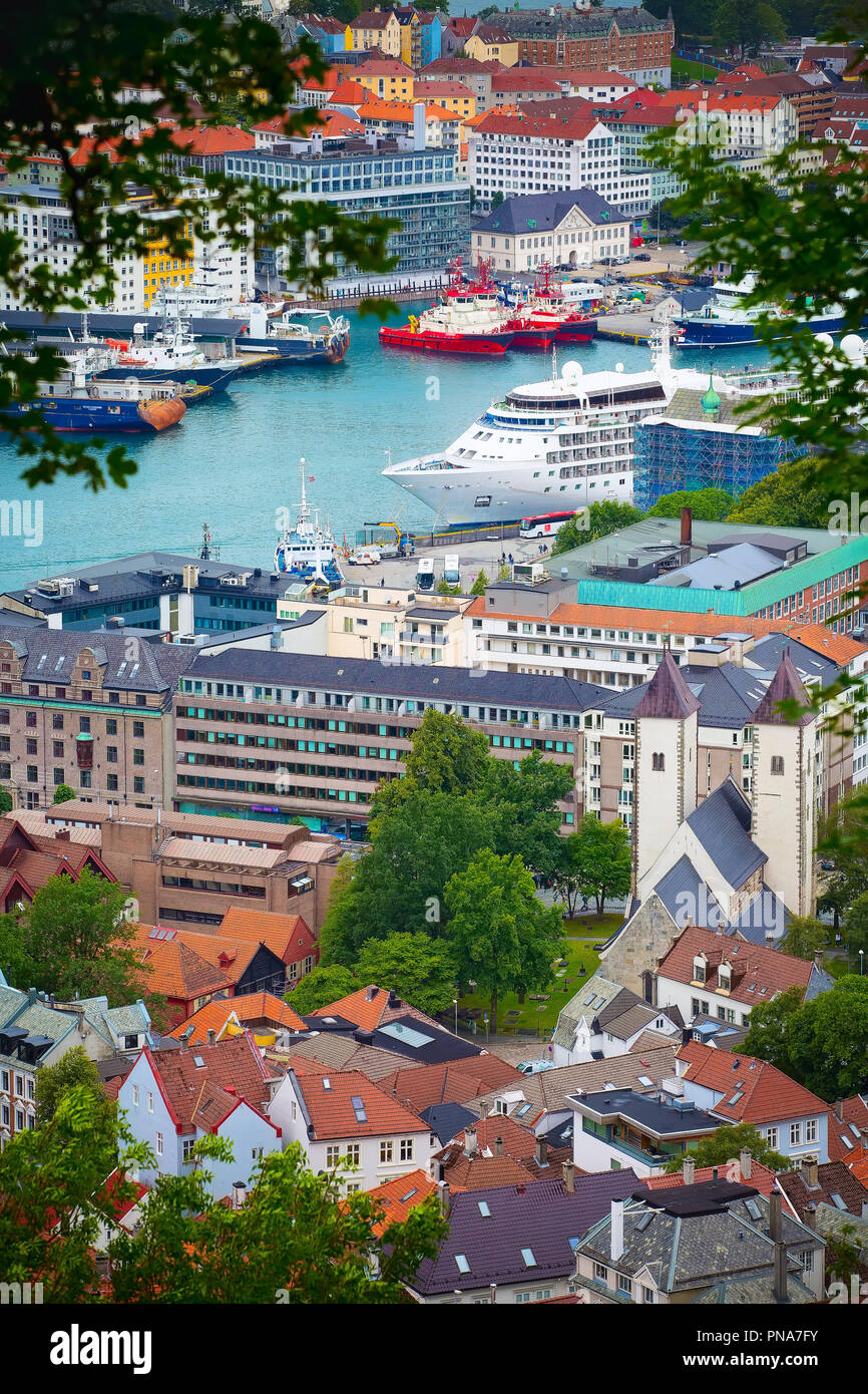 Bergen, Norway cityscape with downtown and boats aerial view Stock ...