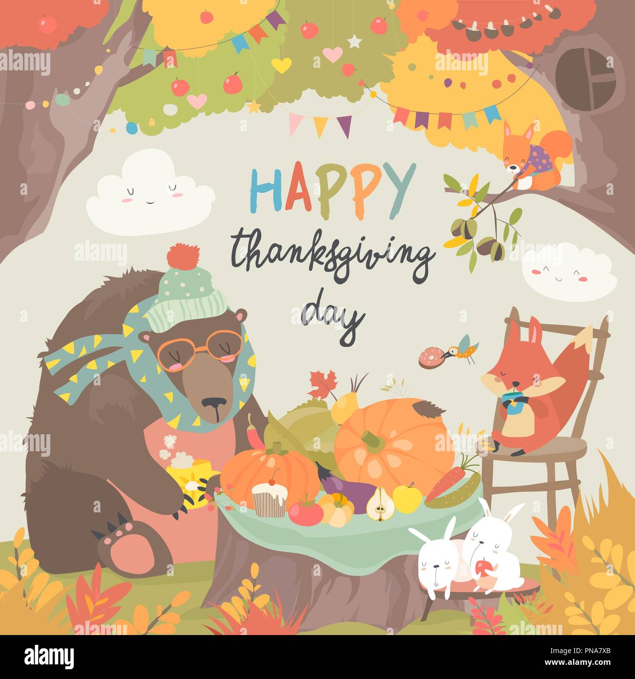 Cute animals celebrating Thanksgiving day in the forest Stock Vector ...