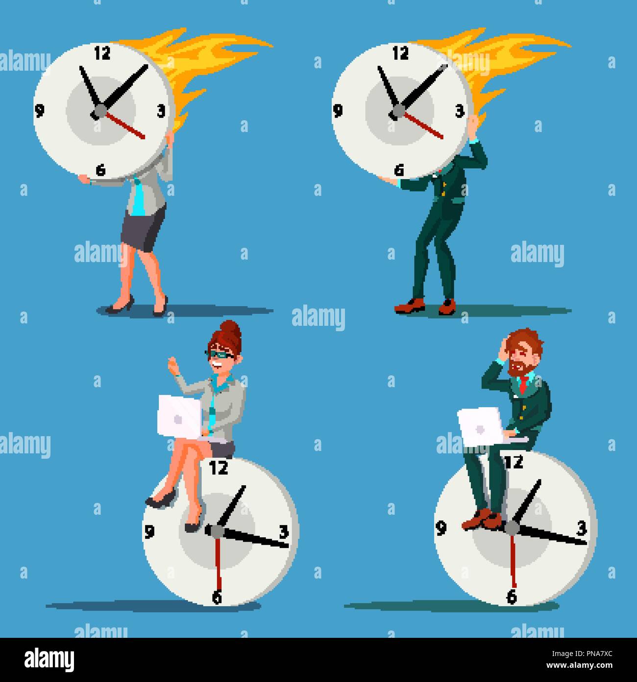 Time Management Man, Woman Vector. Procrastination. Control. Huge Clock ...