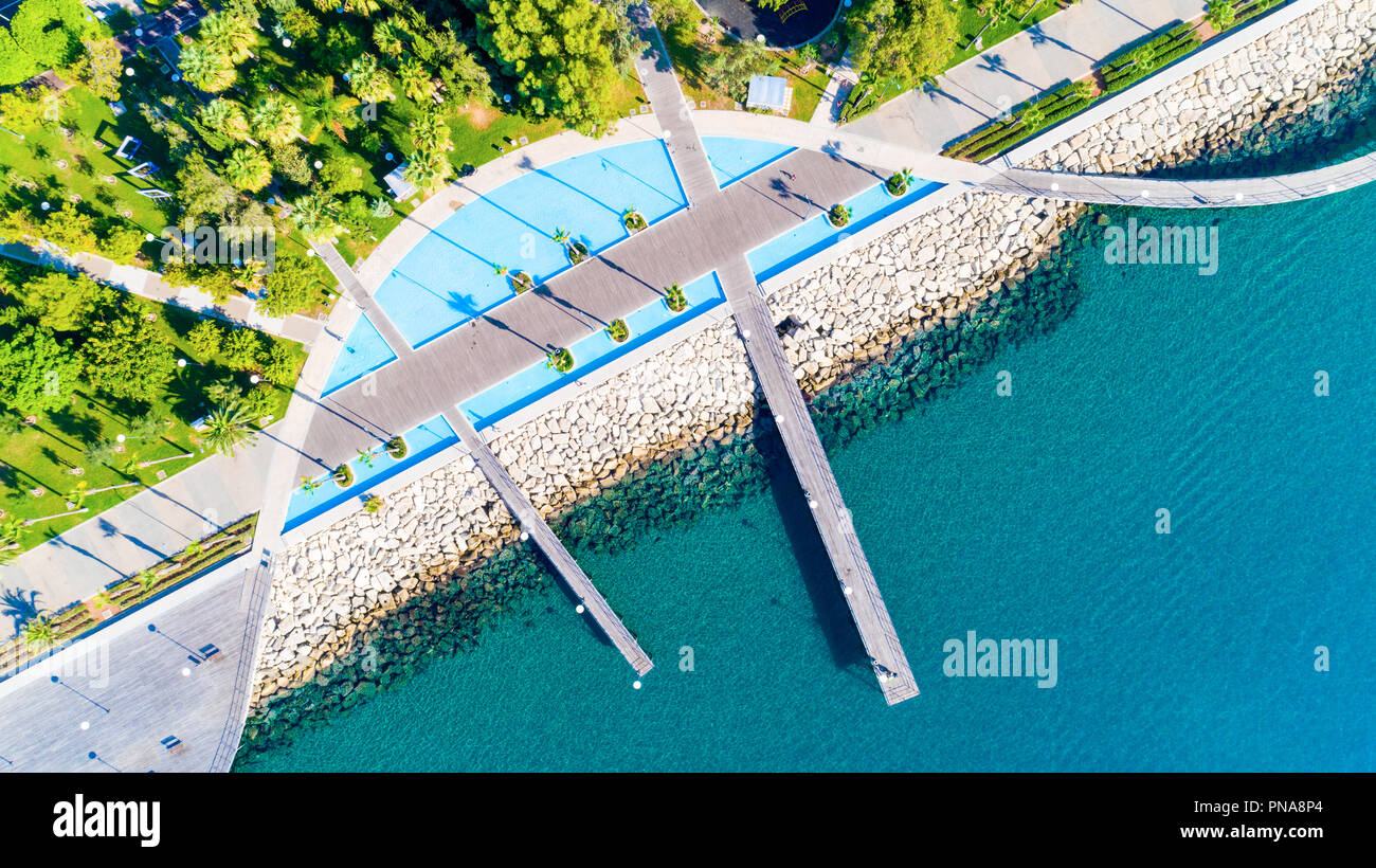 Aerial view of Molos Promenade park on the coast of Limassol city ...