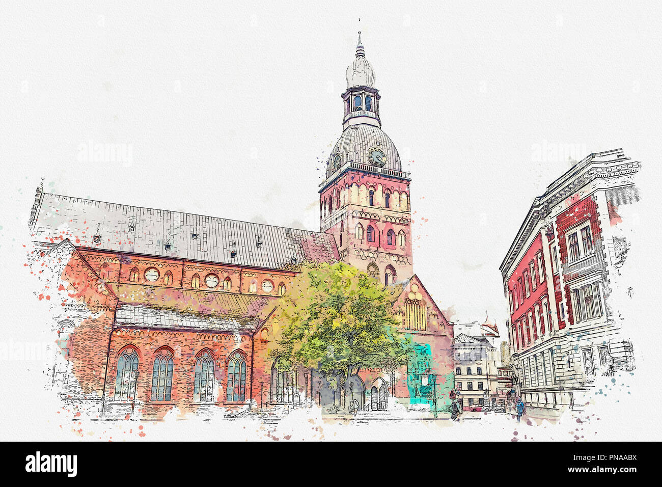 Watercolor sketch or illustration of the Dome Cathedral in Riga in ...