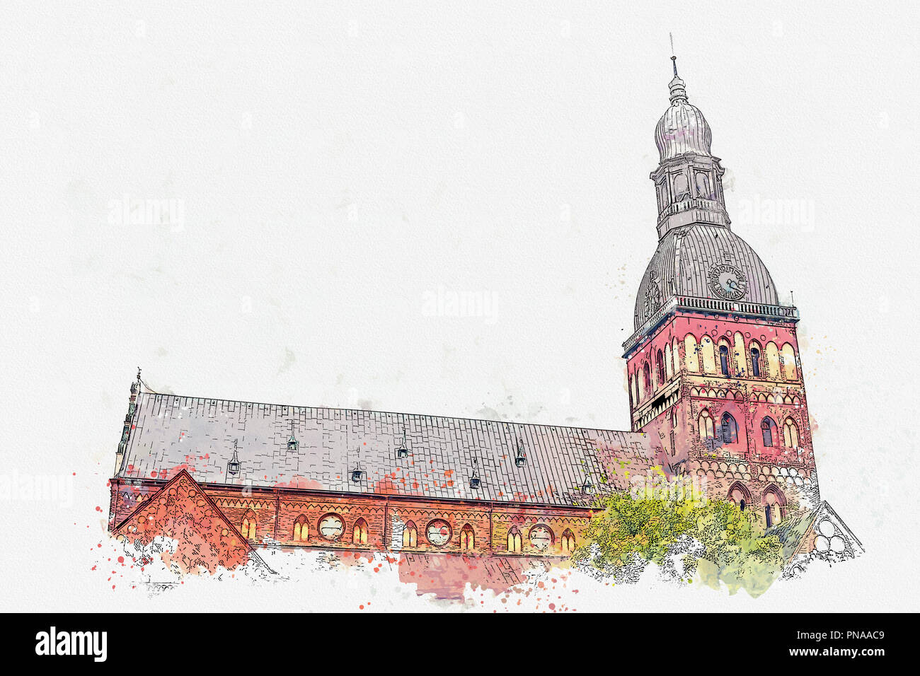Watercolor sketch or illustration of the Dome Cathedral in Riga in ...