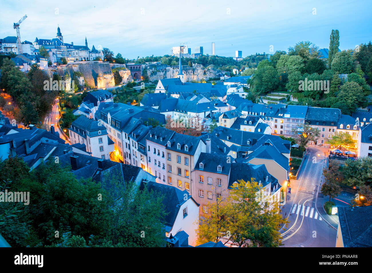 Aerial view of Old Luxembourg City (grund) illuminated, Luxembourg ...