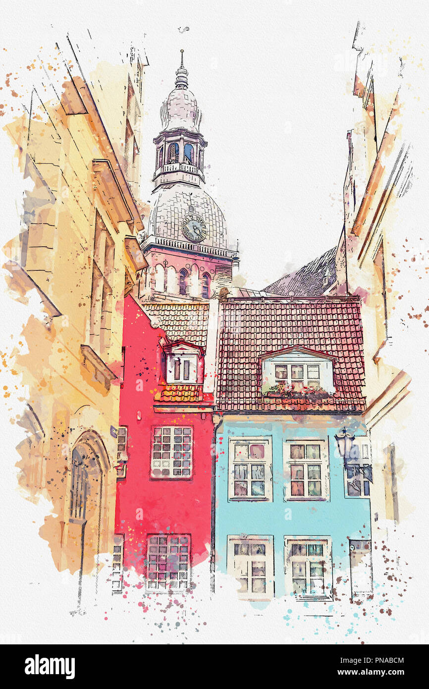 A watercolor sketch or an illustration of a beautiful view of the ...