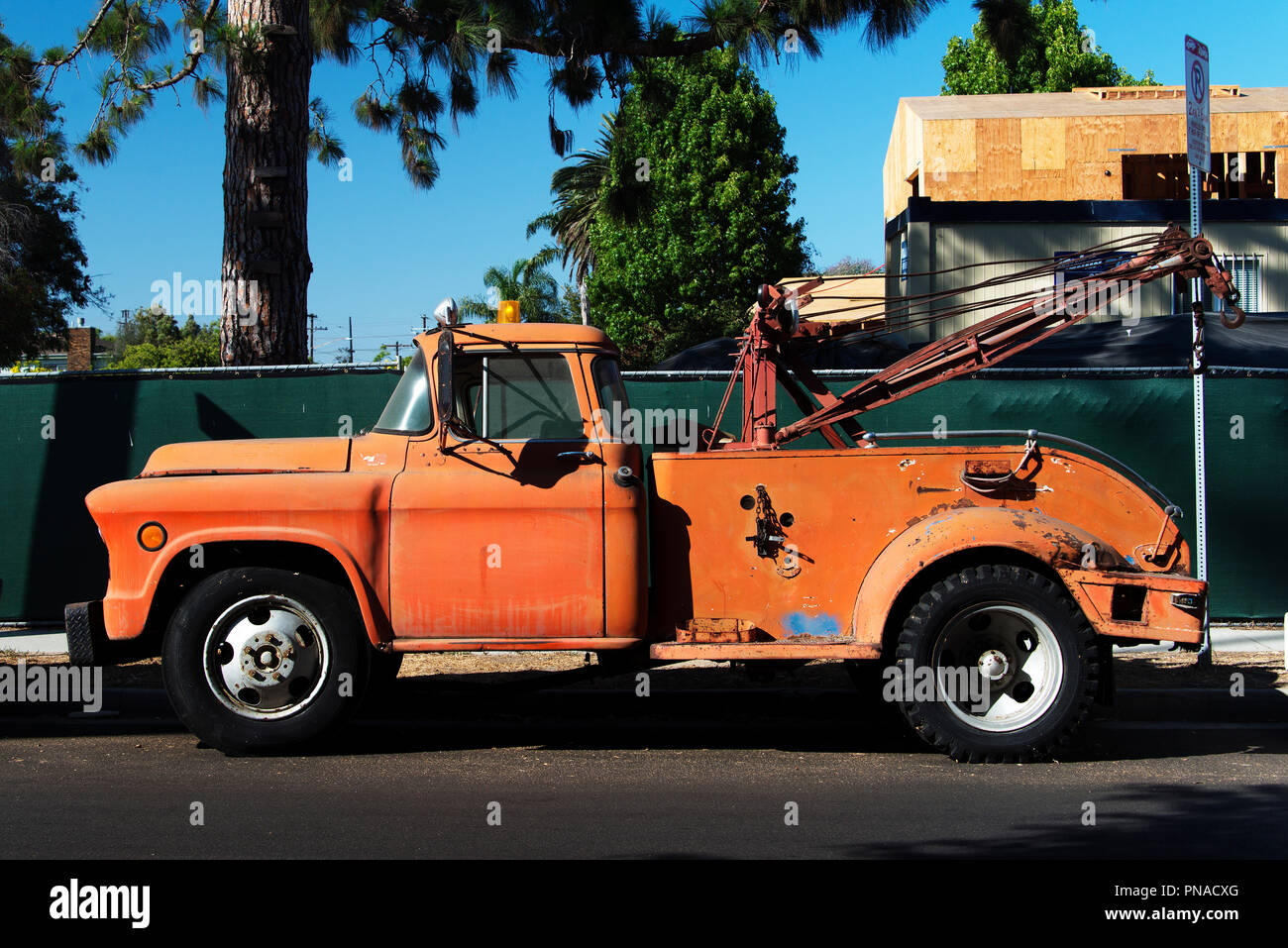 A view of vintage classic American pick up trucks cars in the street ...