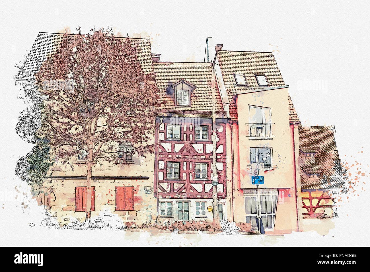A watercolor sketch or an illustration of traditional German ...