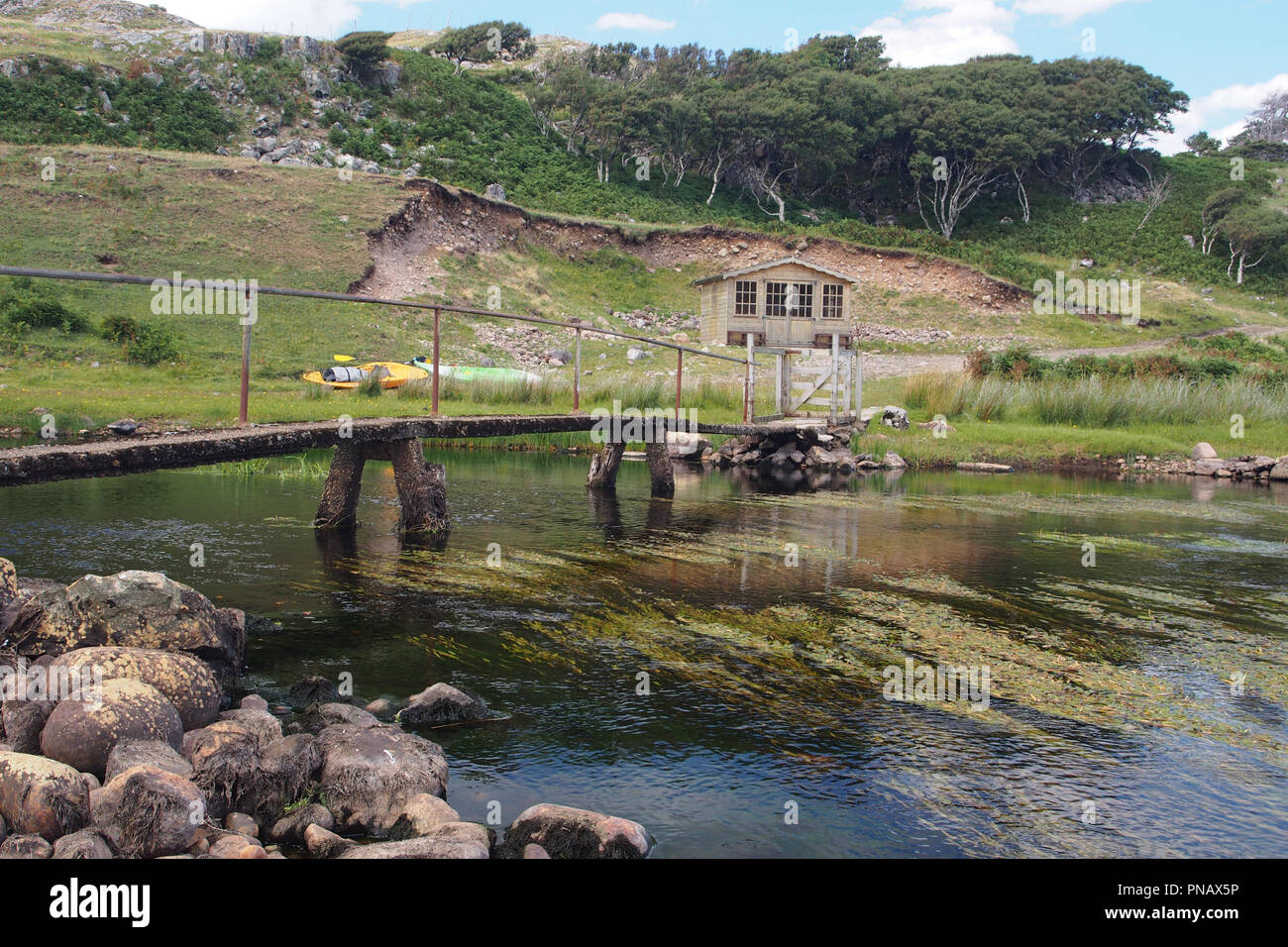 A view of a river with two kayaks laying on the far bank next to a ...