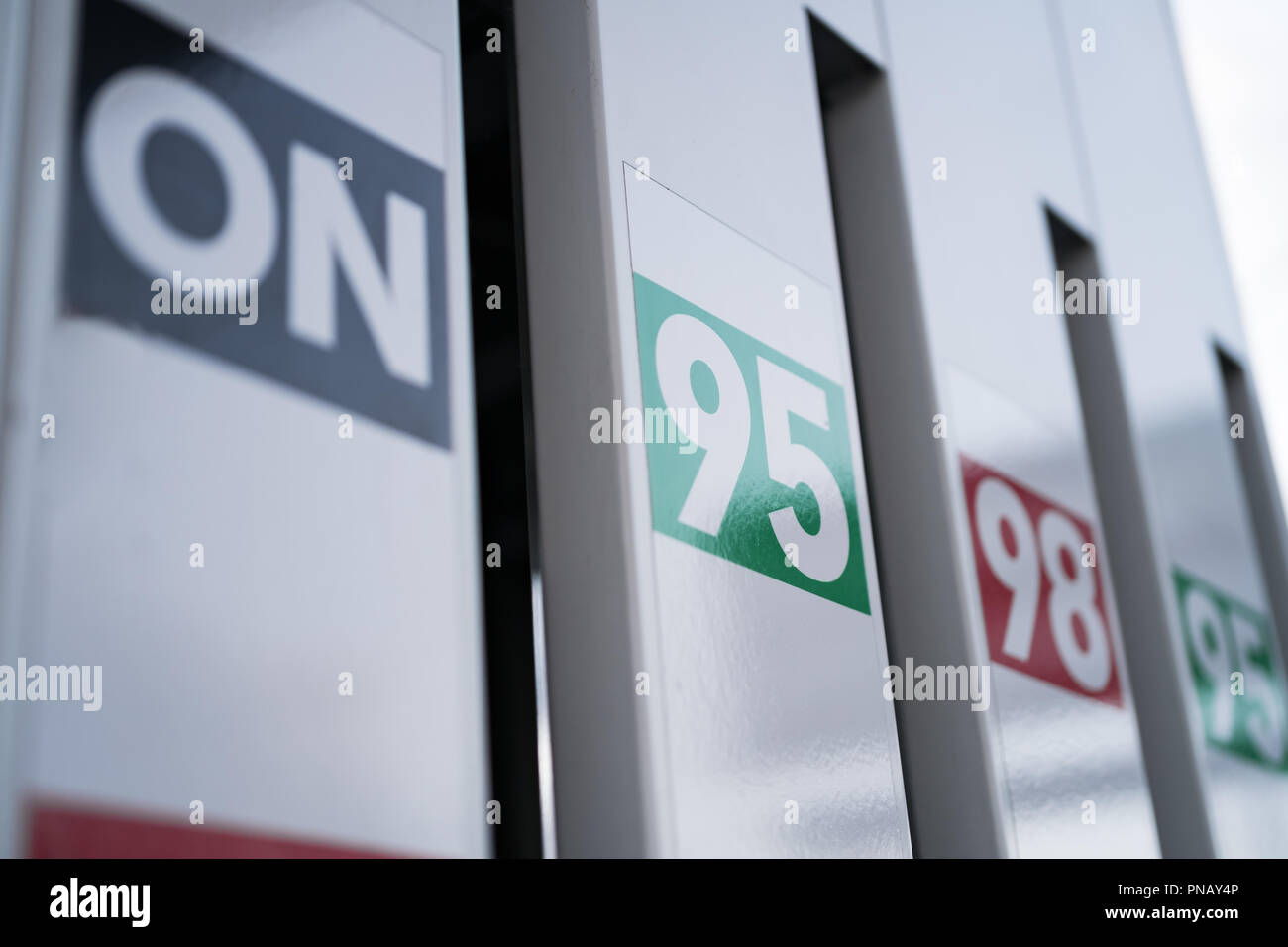Closeup on diesel and petrol gasoline pump at the station. 95 and 98 ...