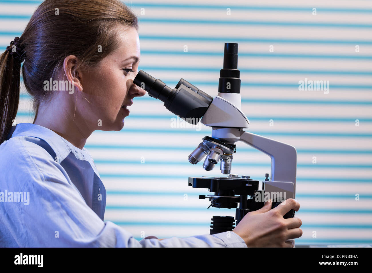 beautiful science student looking into a microscope in a laboratory ...