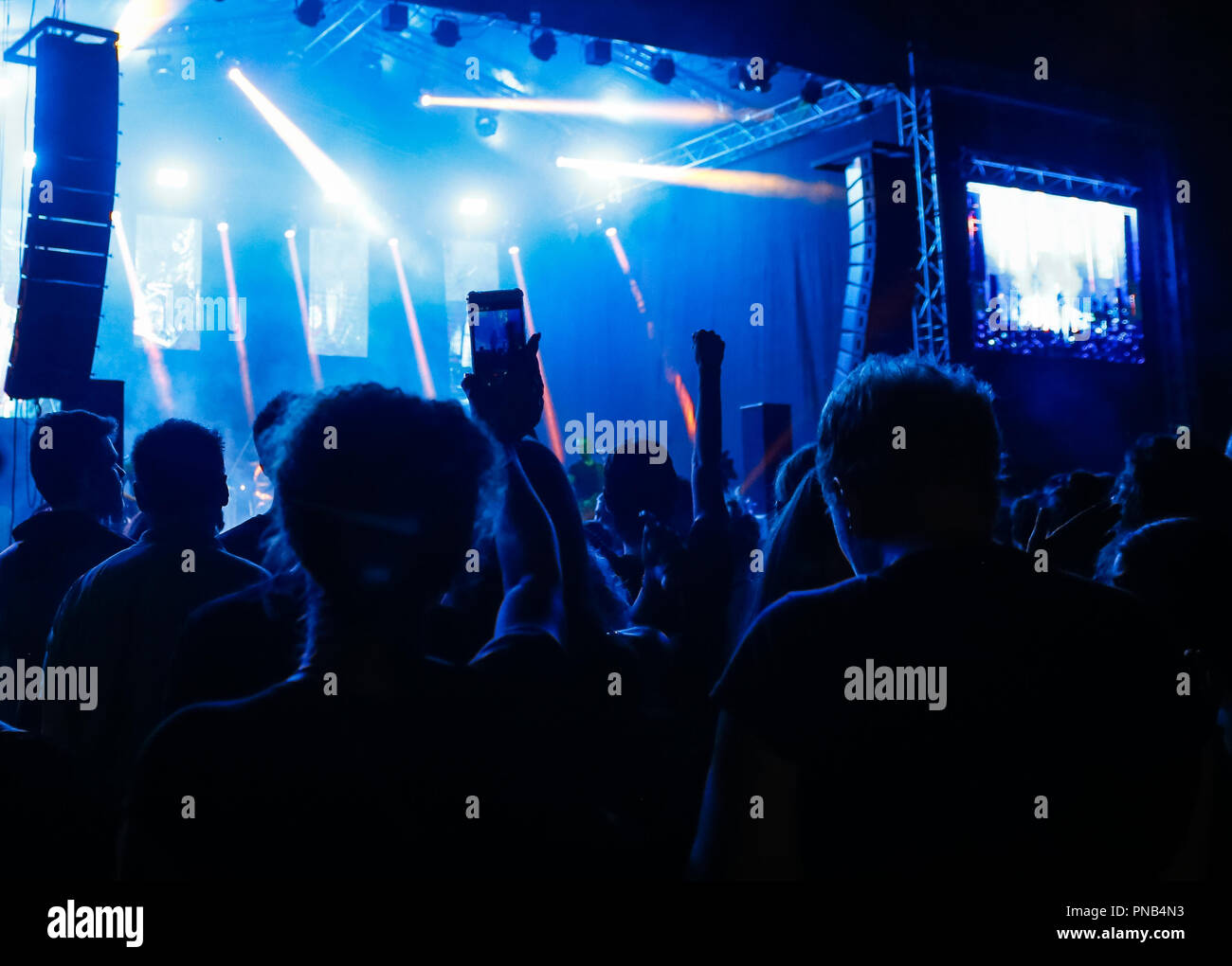 Hand with cell phone in focus raising from the crowd and taking picture ...