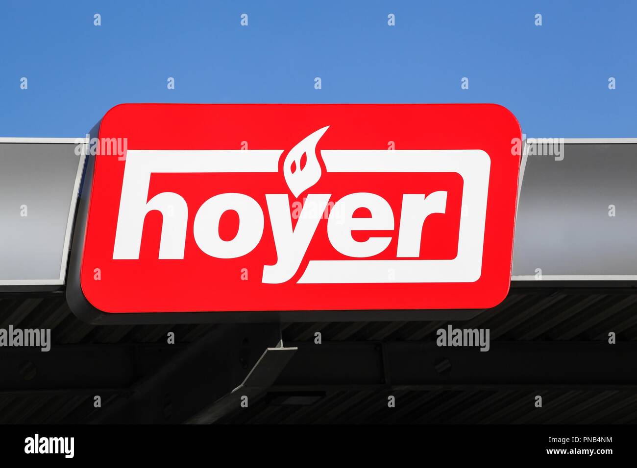 Rade, Germany - July 22, 2018: Hoyer logo on a gas station. Hoyer is a ...