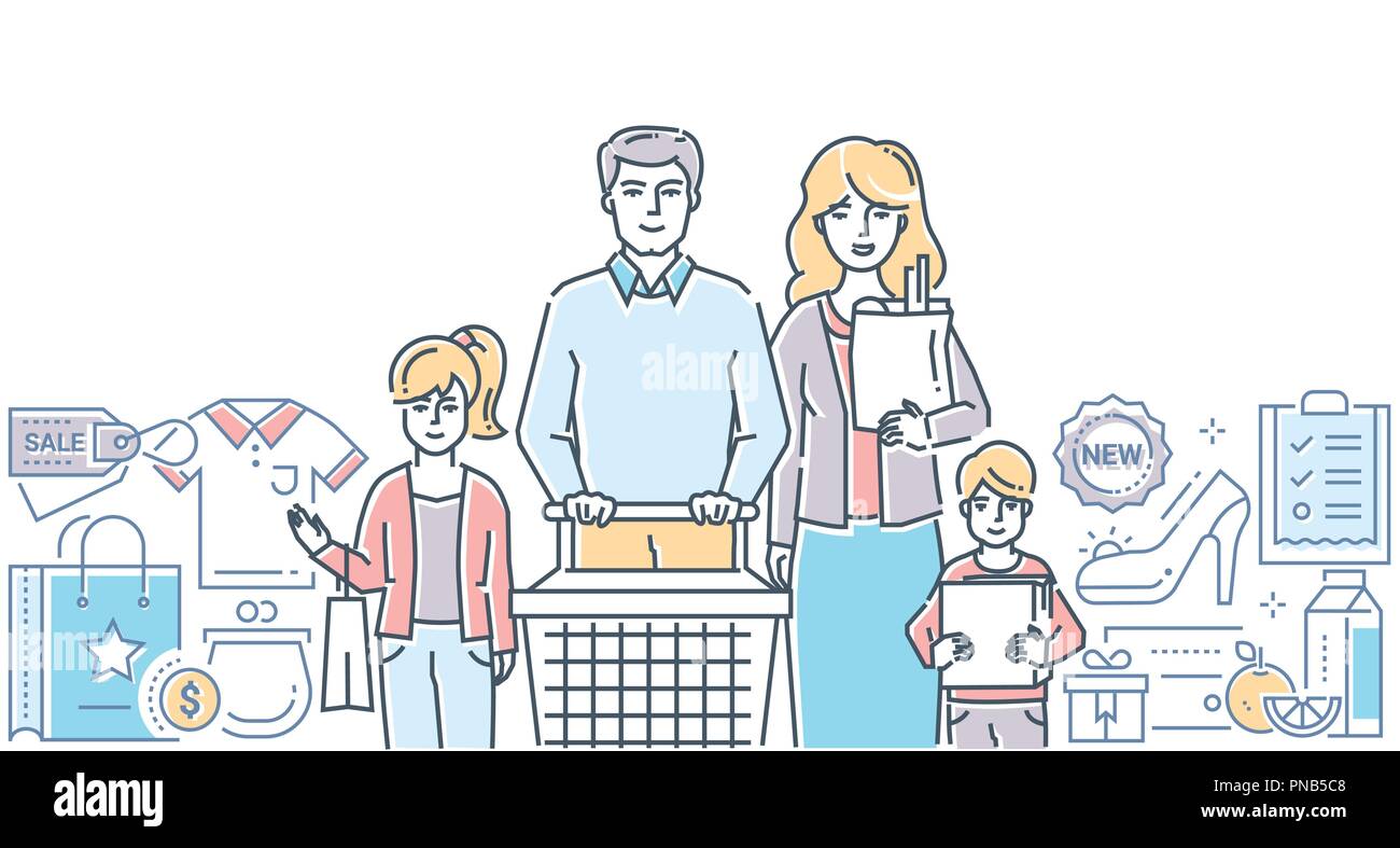 Family shopping - modern colorful line design style illustration Stock ...