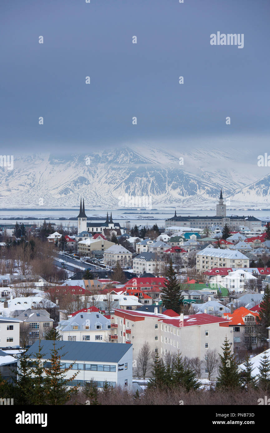 The capital city of Reykjavik with traditional bright coloured rooves ...