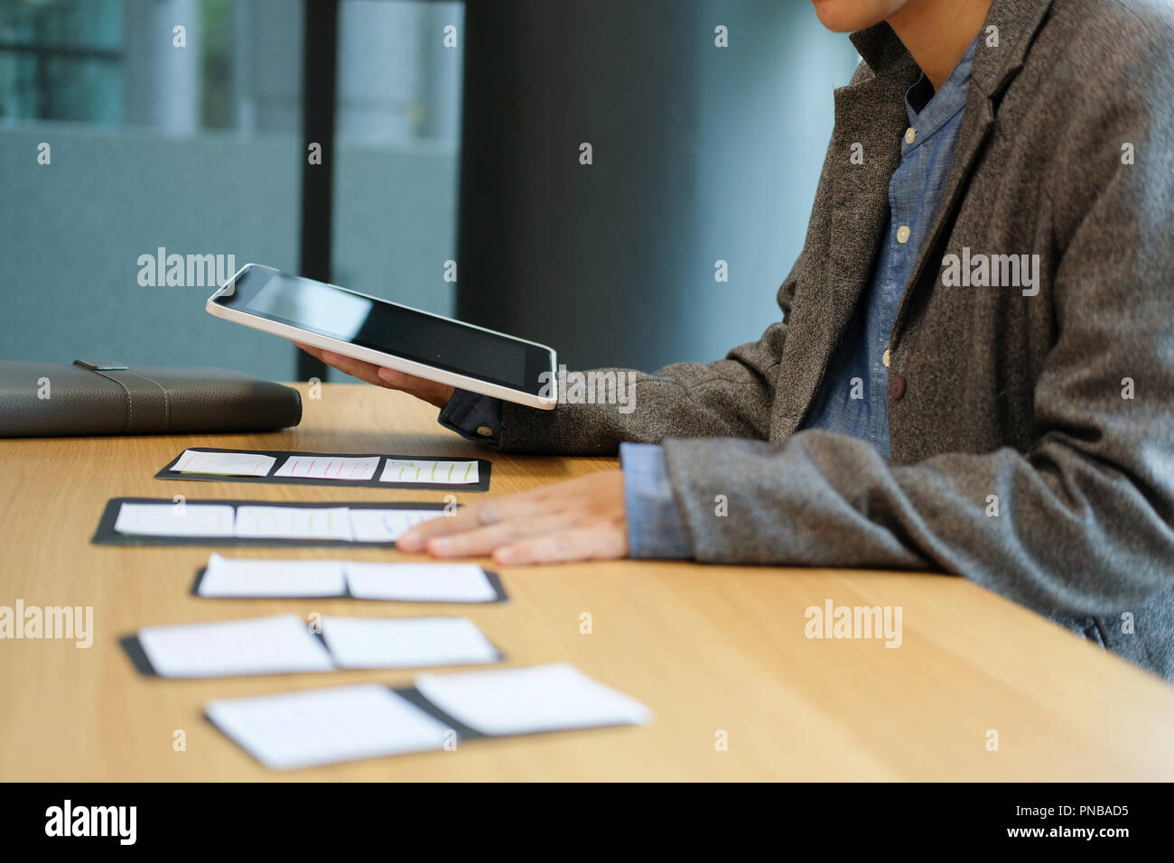 user experience workplace. UX designer desk with tablet layout. UI ...