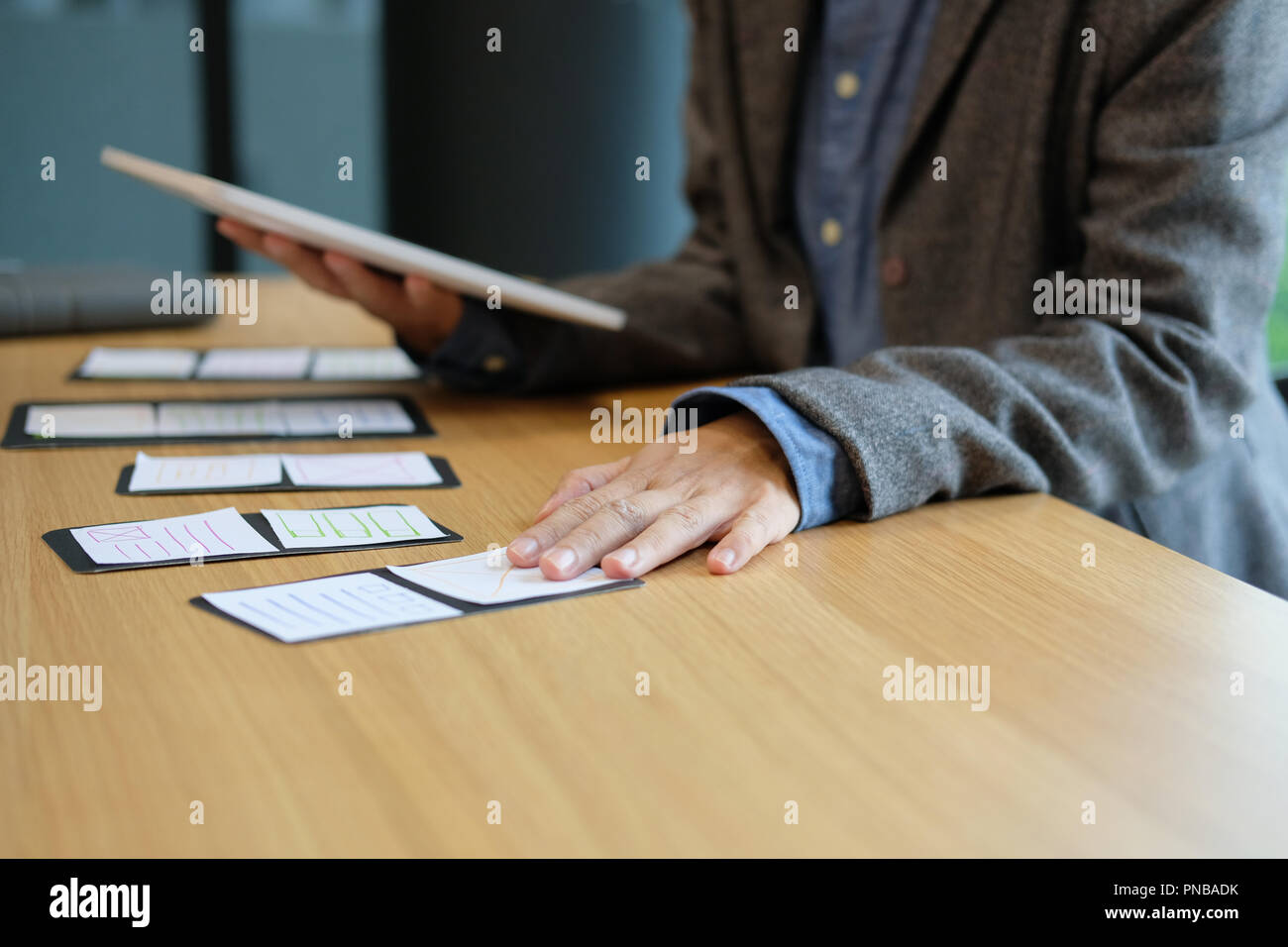 user experience workplace. UX designer desk with tablet layout. UI ...