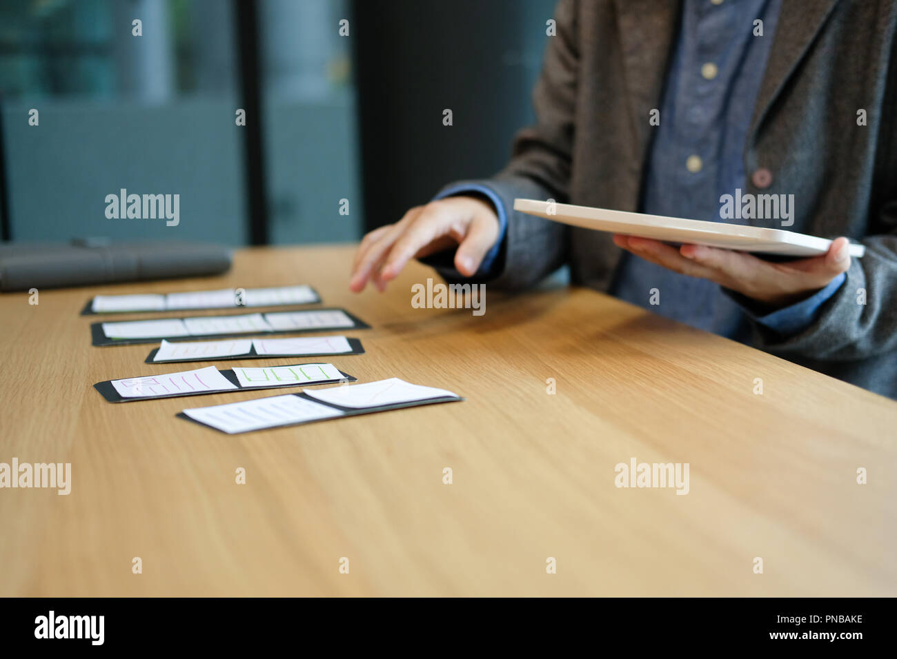 user experience workplace. UX designer desk with tablet layout. UI ...