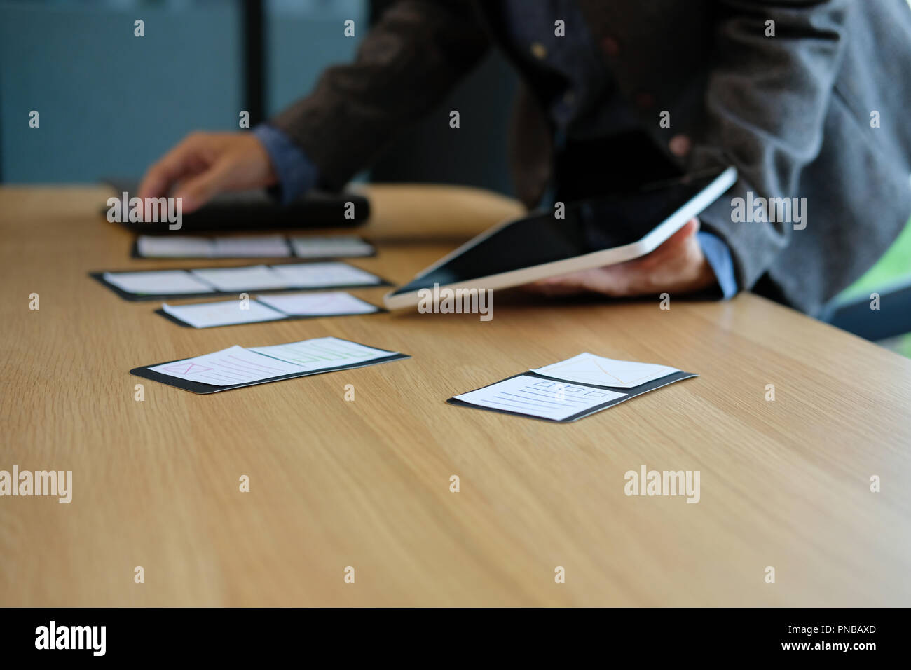 user experience workplace. UX designer desk with tablet layout. UI ...