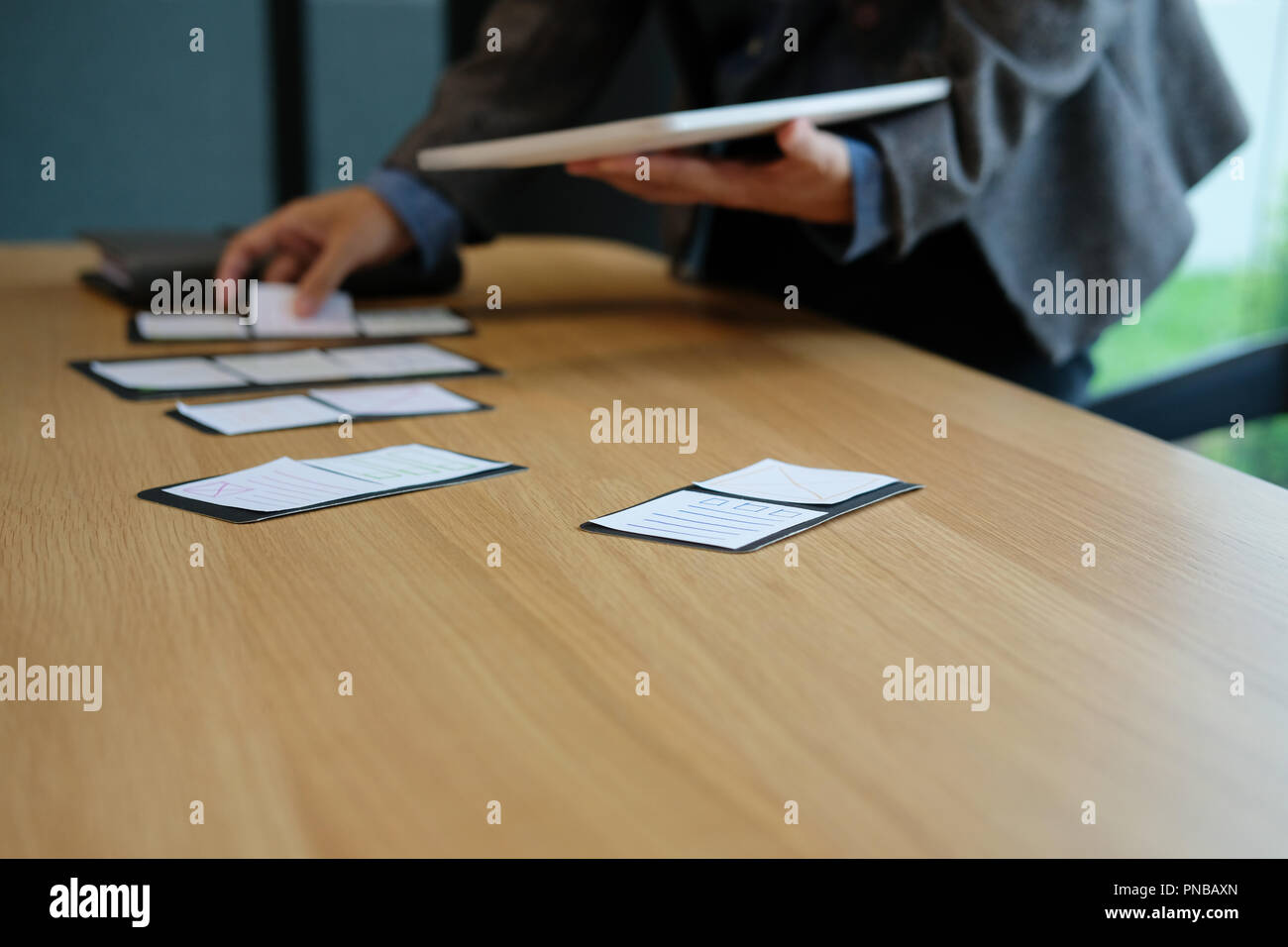 user experience workplace. UX designer desk with tablet layout. UI ...