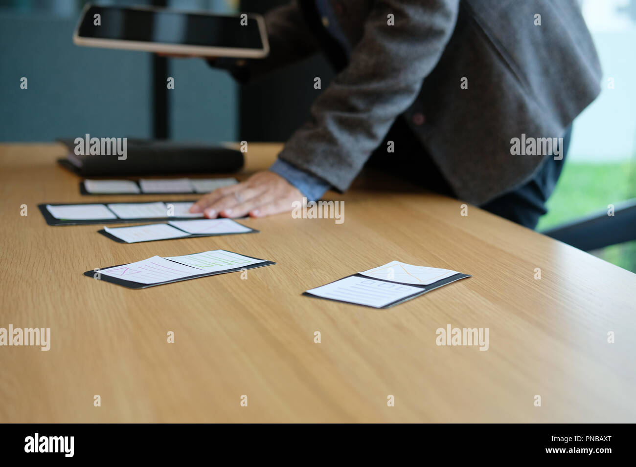 user experience workplace. UX designer desk with tablet layout. UI ...