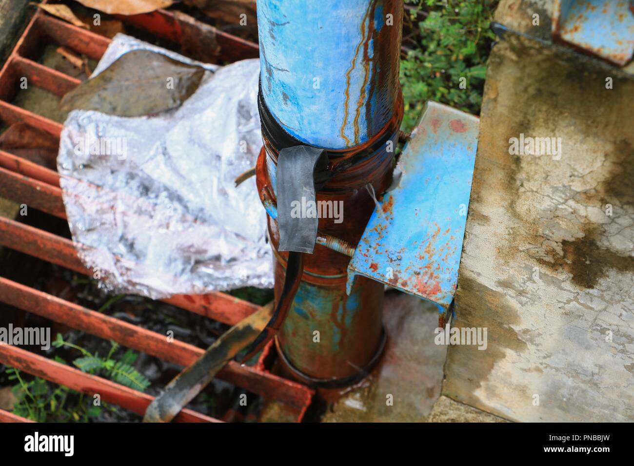 plumbing tube and water leak, steel rust industrial old tap pipe Stock ...