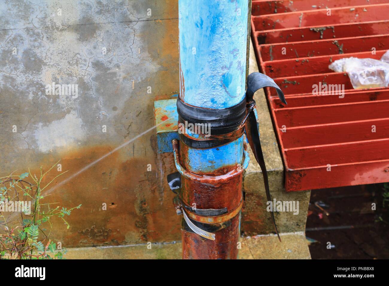 plumbing tube and water leak, steel rust industrial old tap pipe Stock ...