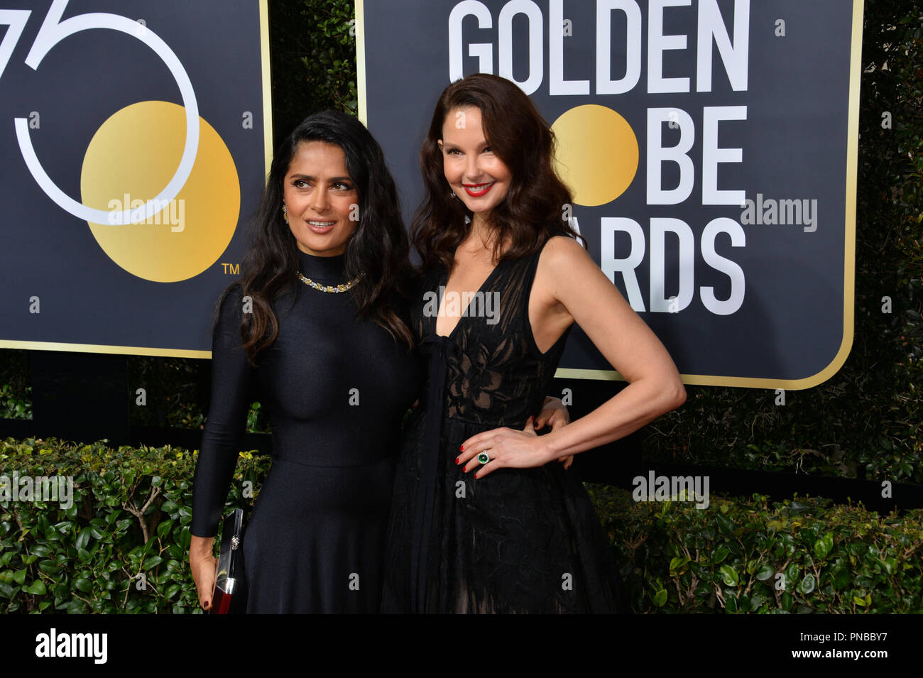 Ashley Judd And Salma Hayek At The 75th Annual Golden Globe Awards At The Beverly Hilton Hotel