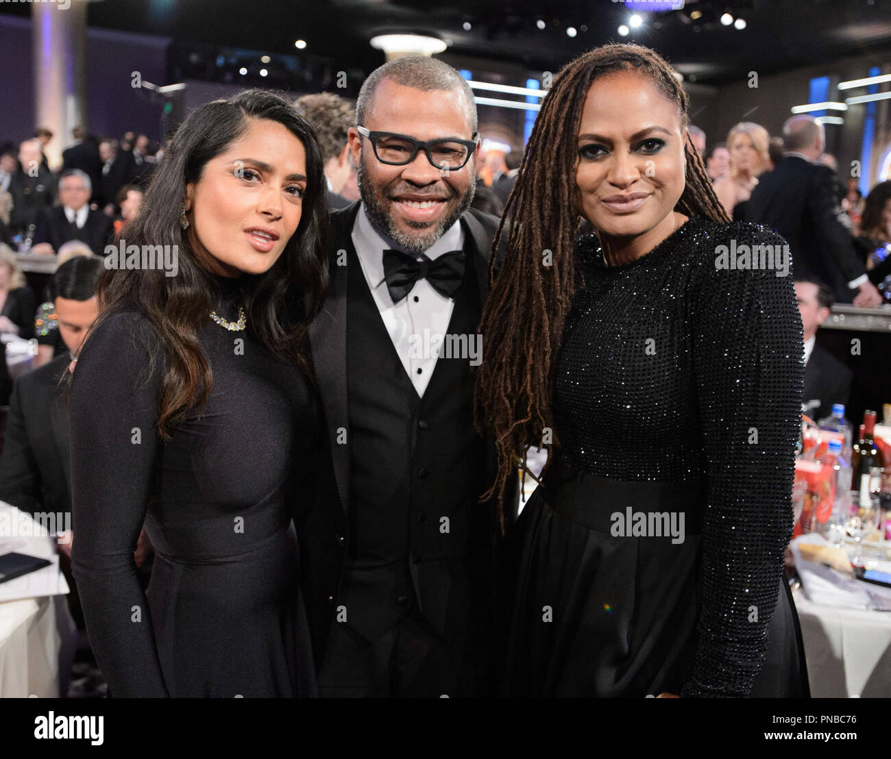 Salma Hayek, Jordan Peele, Ava DuVernay during the 75th Annual Golden ...